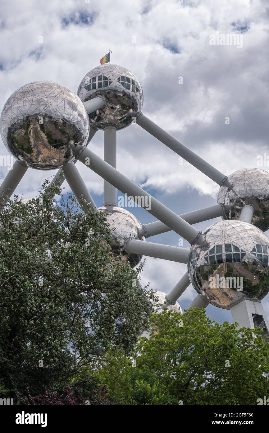 Brussels, Belgium - July 31, 2021: Part of Atomium statue behind green ...