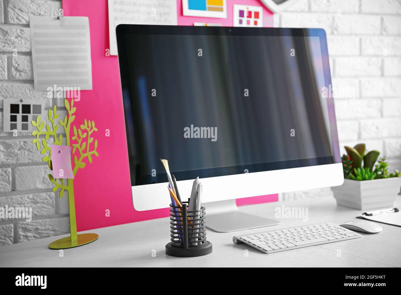 Stylish bright workplace of vivid person Stock Photo - Alamy