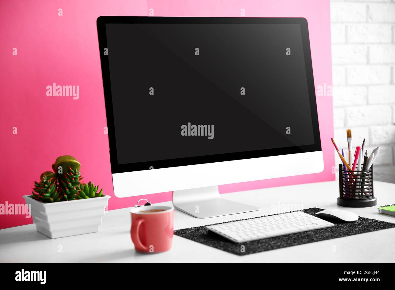 Stylish bright workplace of vivid person Stock Photo - Alamy