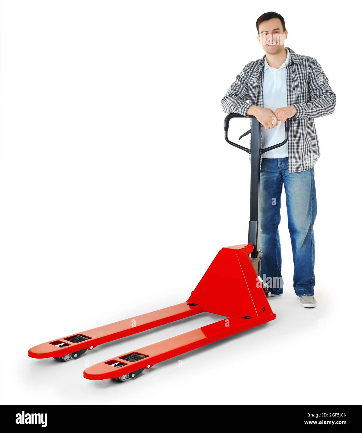Man with hand truck isolated on white background Stock Photo - Alamy