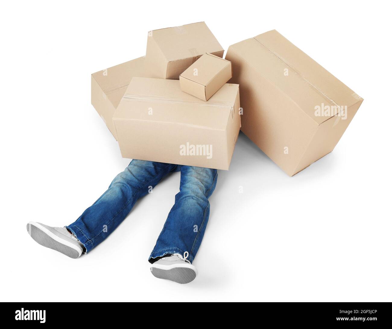 Man lying under pile of carton boxes isolated on white background Stock ...