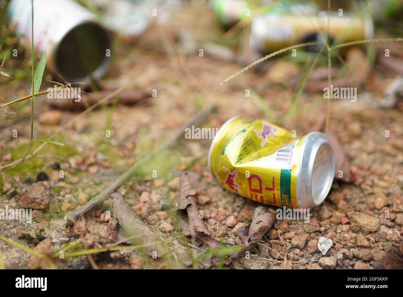 KEDAH, MALAYSIA - Jul 19, 2021: An empty aluminium can on the ground ...