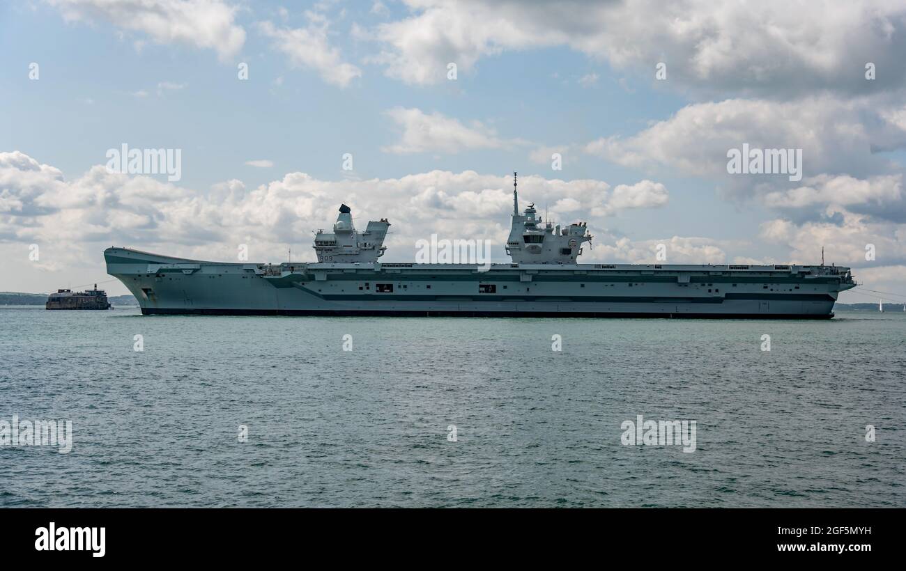 HMS Prince of Wales departing Portsmouth, UK on the 22nd August 2021 ...