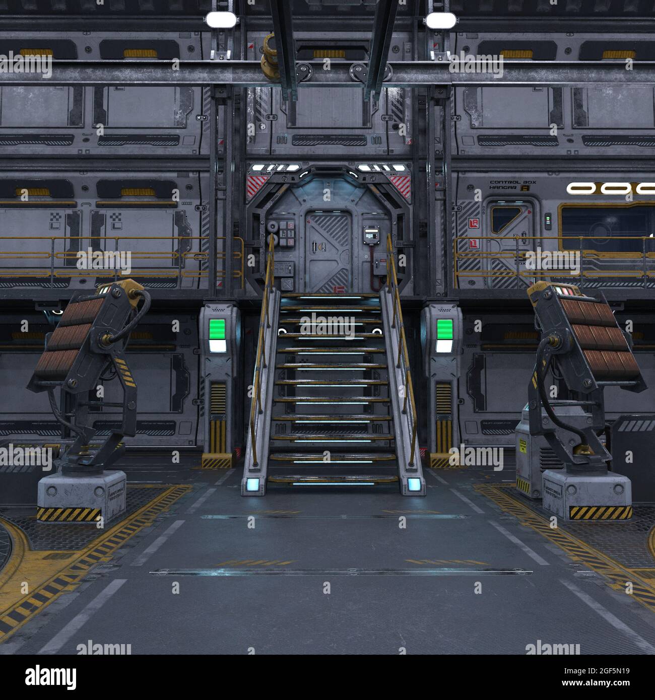 3D-illustration of a load room in a science fiction starship Stock ...