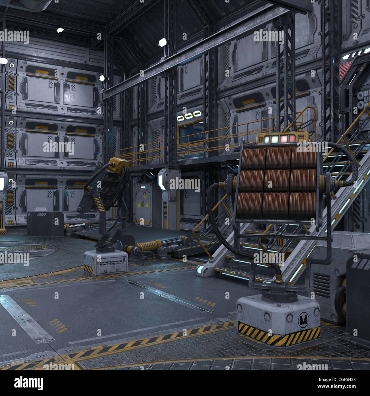 3D-illustration of a load room in a science fiction starship Stock ...