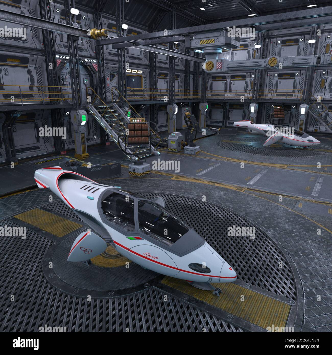 3D-illustration of a load room in a science fiction starship Stock ...