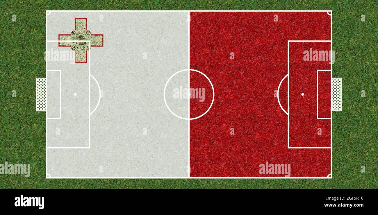 Top view of Green grass soccer field with flag of Malta. football ...