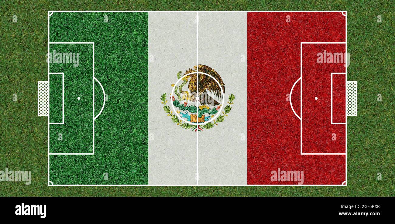 Top view of Green grass soccer field with flag of Mexico. football ...