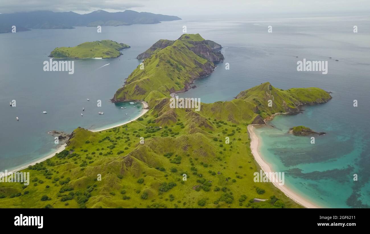 Aerial Landscape view from the top of Padar island in Komodo islands ...