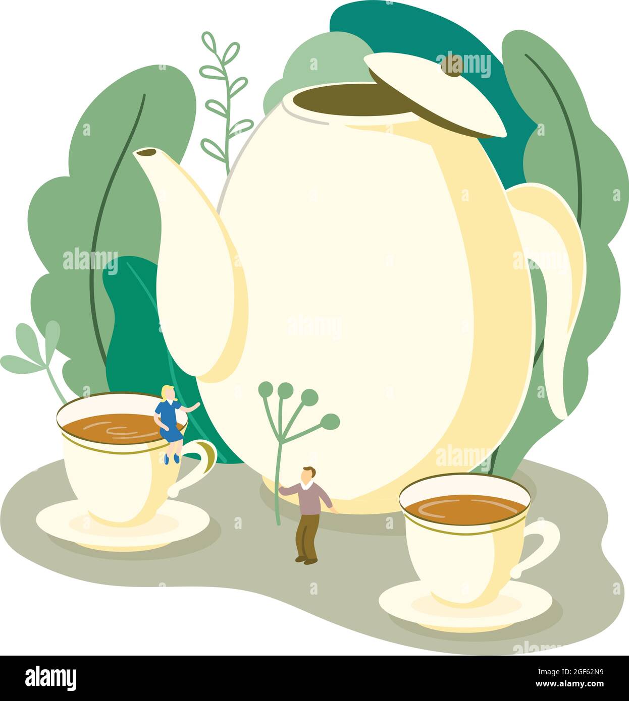 Tea time with tiny people illustration. Man and woman are conversation ...