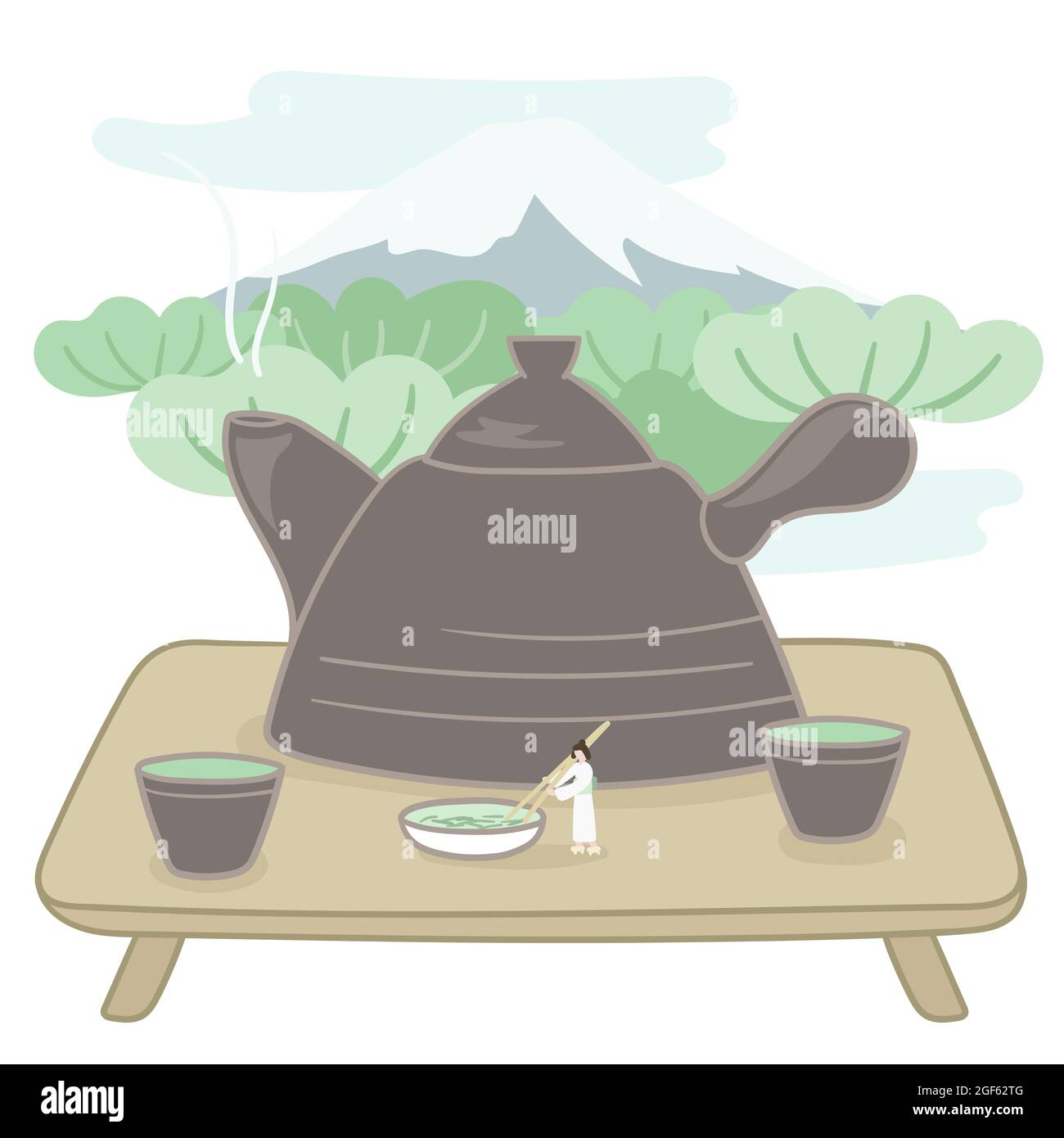 Concept of Japan's tea. Tiny people is working on a big pot of tea ...