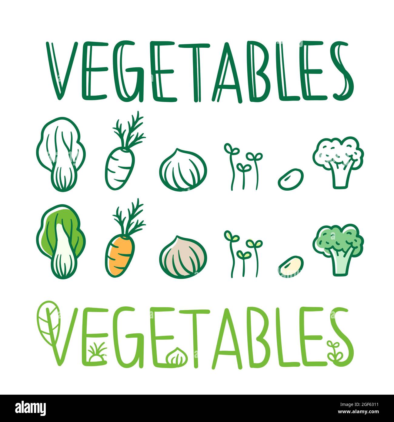 Hand writing vegetables and icon on white background.Hand drawn ...