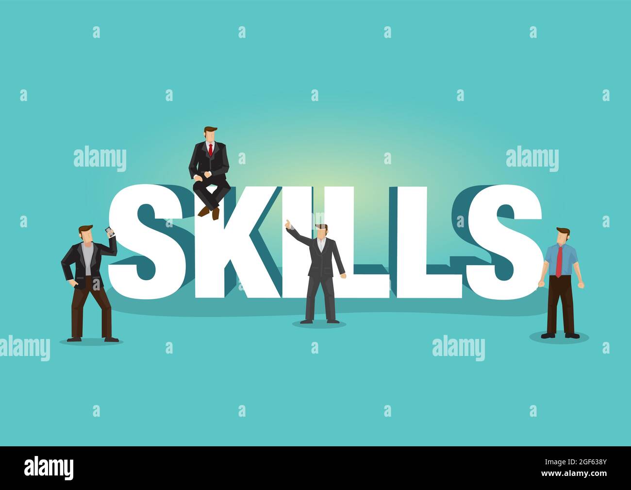 Group of businessman standing and sitting around the giant font skills ...