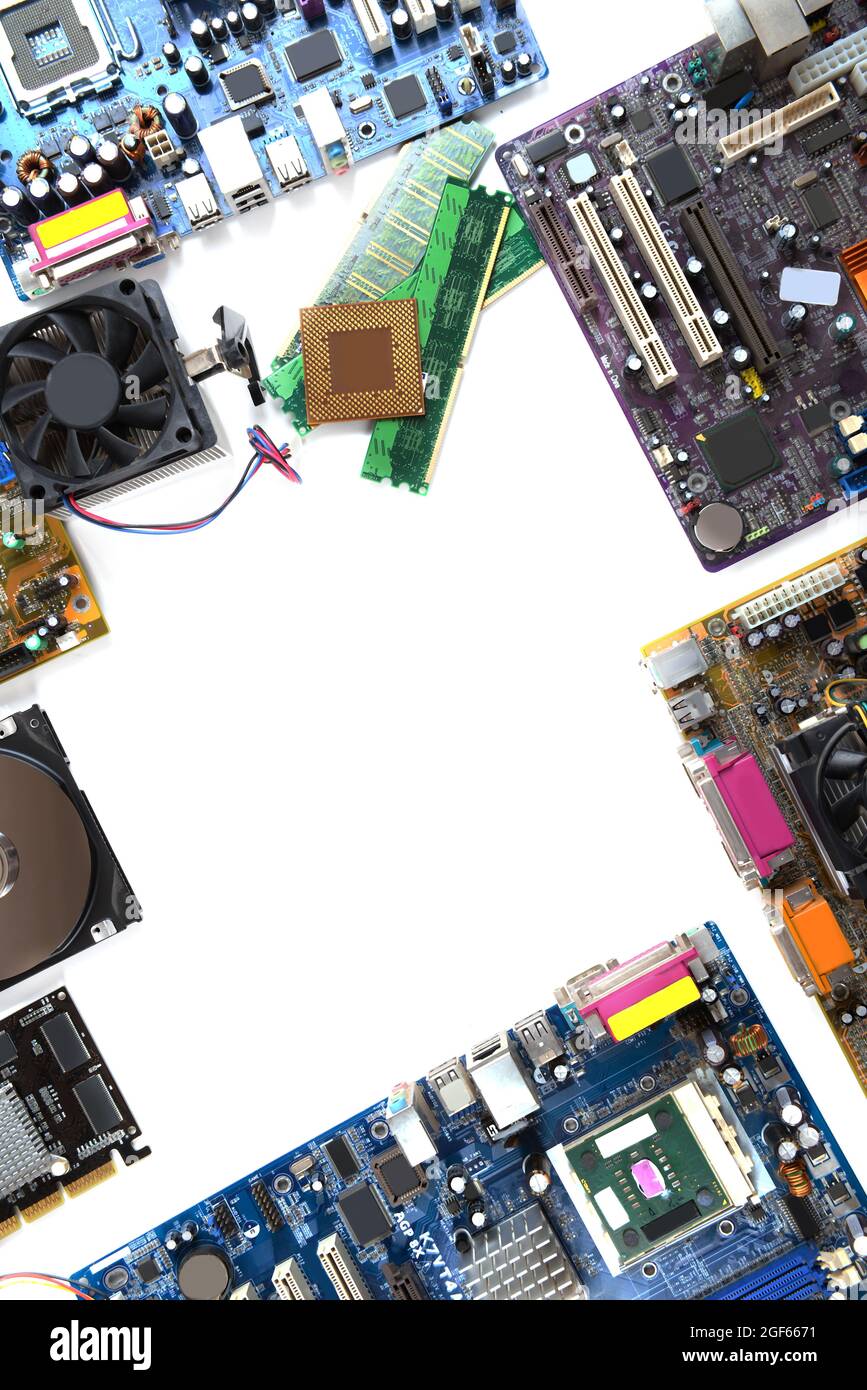 Frame with computer parts on white background Stock Photo - Alamy