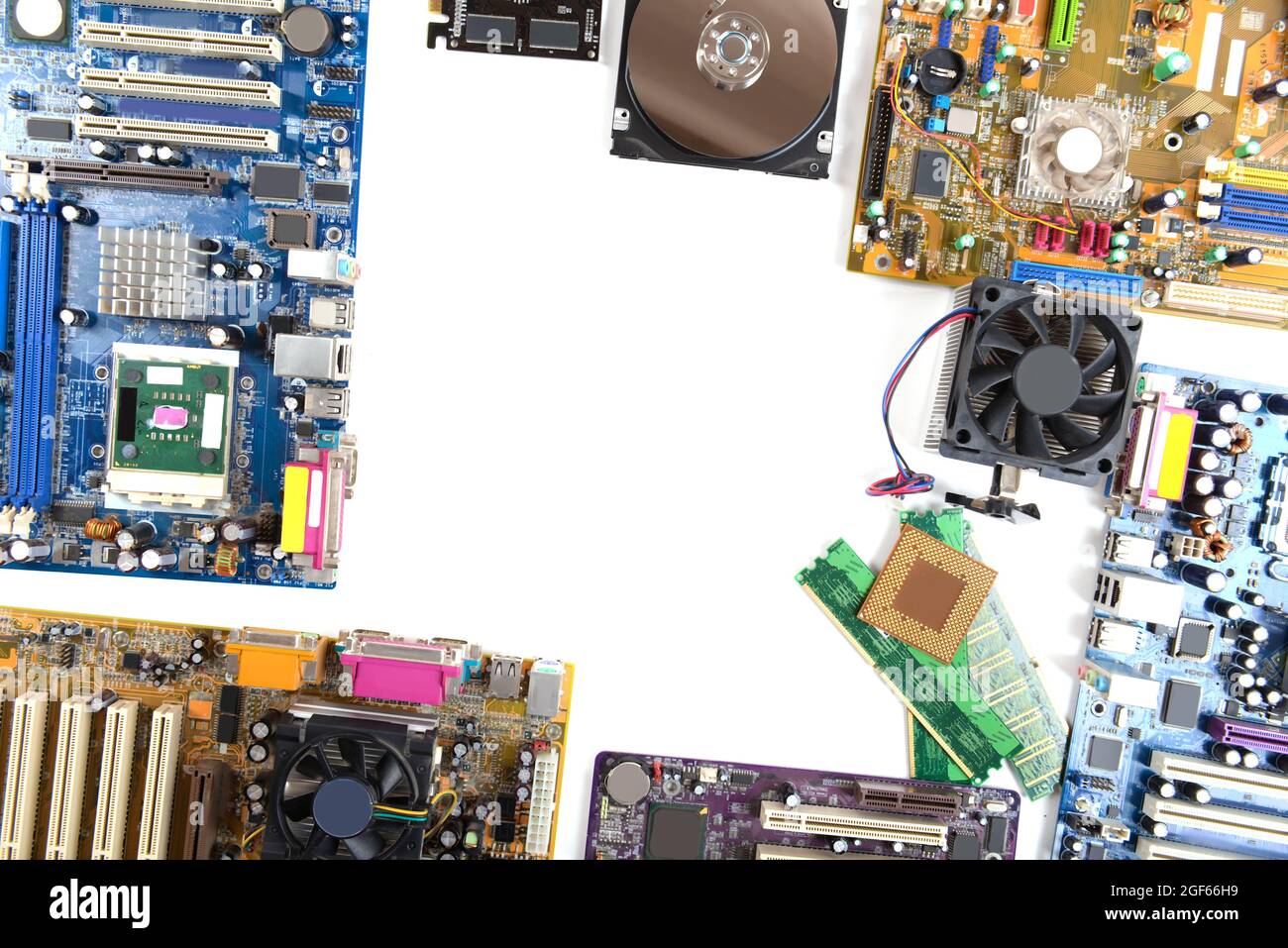 Frame with computer parts on white background Stock Photo - Alamy