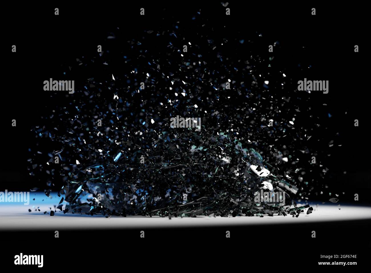 3d illustration of a small explosion of glass fragments. Broken glass ...