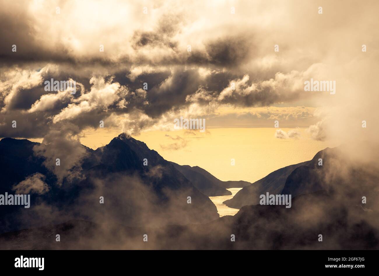 Milford Sound/Piopiotahi and Mitre Peak from Mount Underwood, Fiordland ...