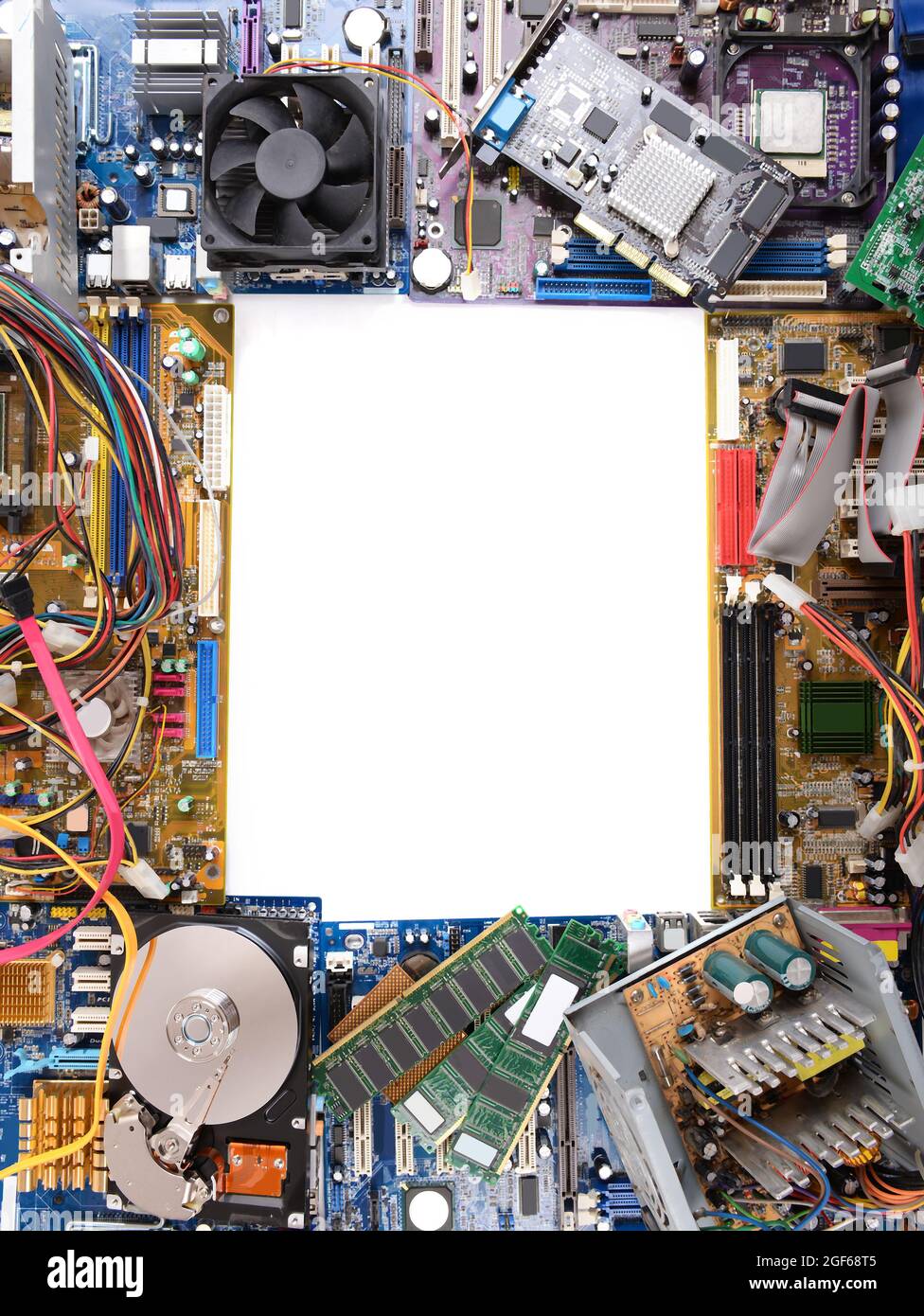 Frame with computer parts on white background Stock Photo - Alamy