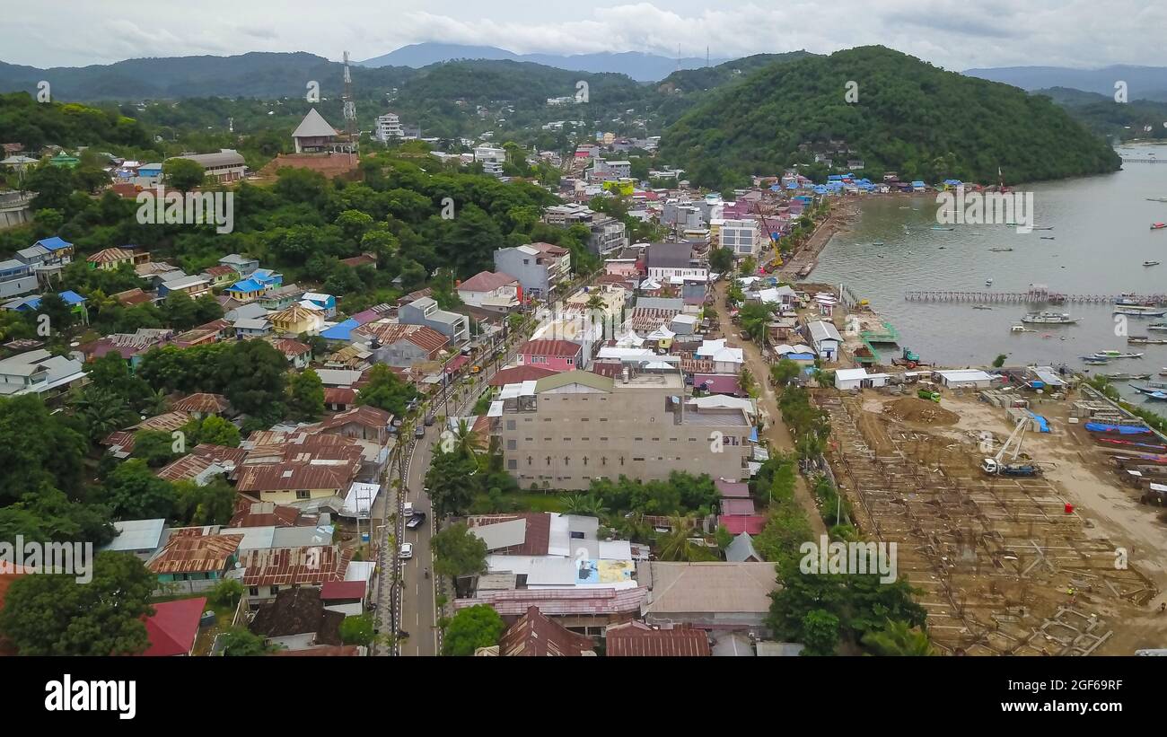 Aerial view over the town of Labuan Bajo and harbour in the morning ...