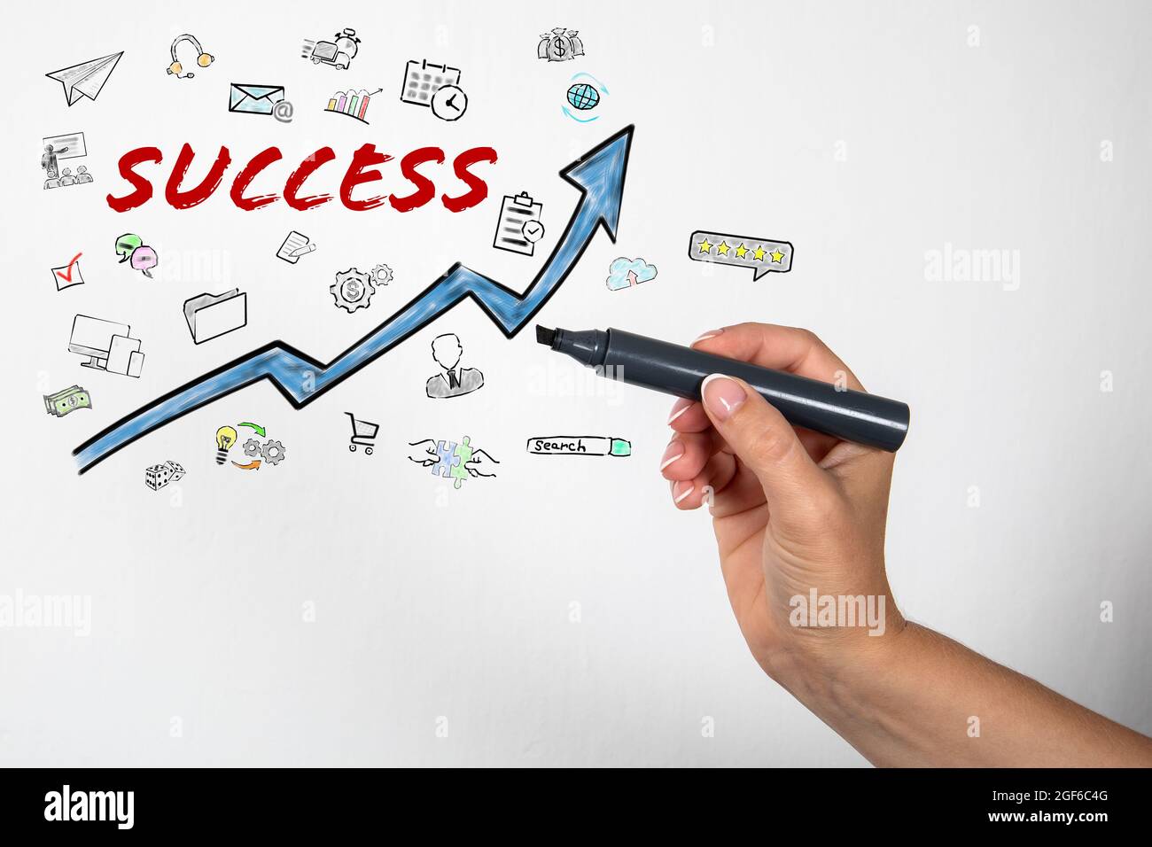 Success concept. Development curve and arrow with icons Stock Photo - Alamy