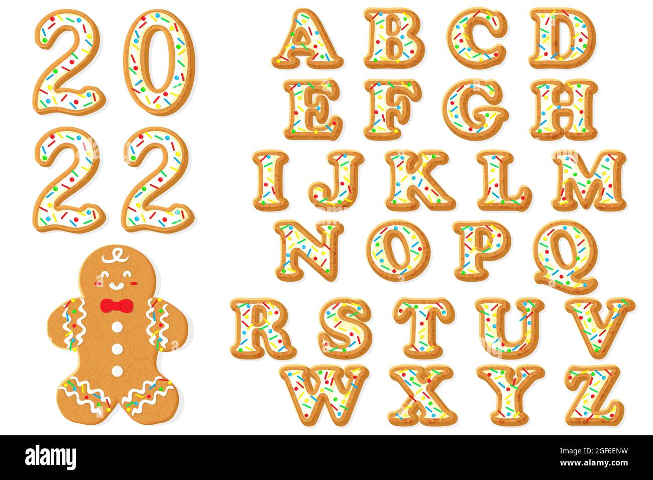 Set of gingerbread cookies alphabet, gigures 2022 vector illustration ...