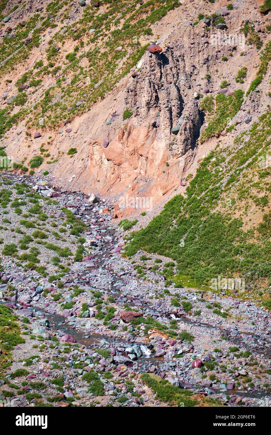 Mountain mongolian natural landscape. River Ih Sair with mushroom-like ...
