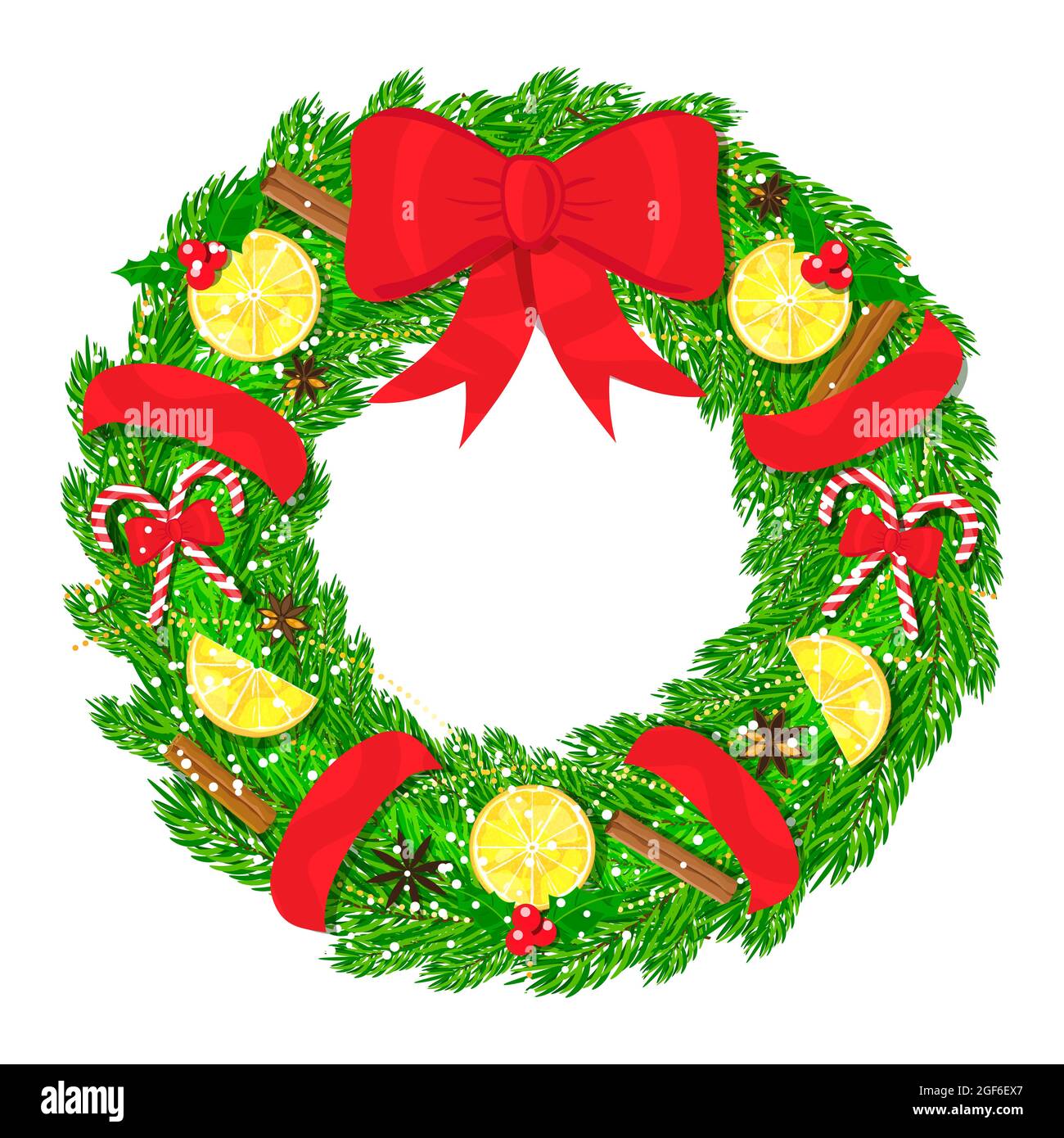 Christmas wreath with ribbons, bow, spices and fruits decorations ...