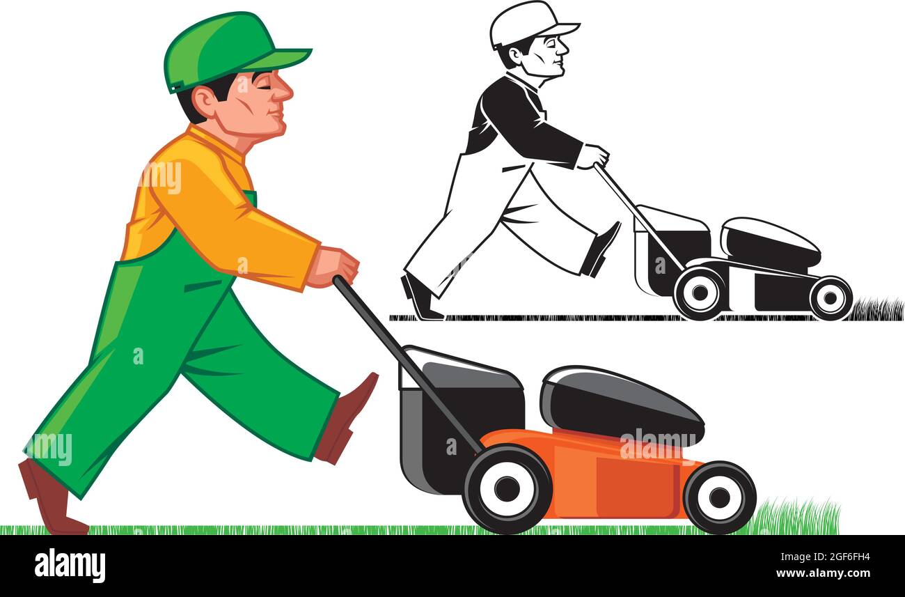 Vector illustration Gardener cuting grass Stock Vector Image & Art - Alamy