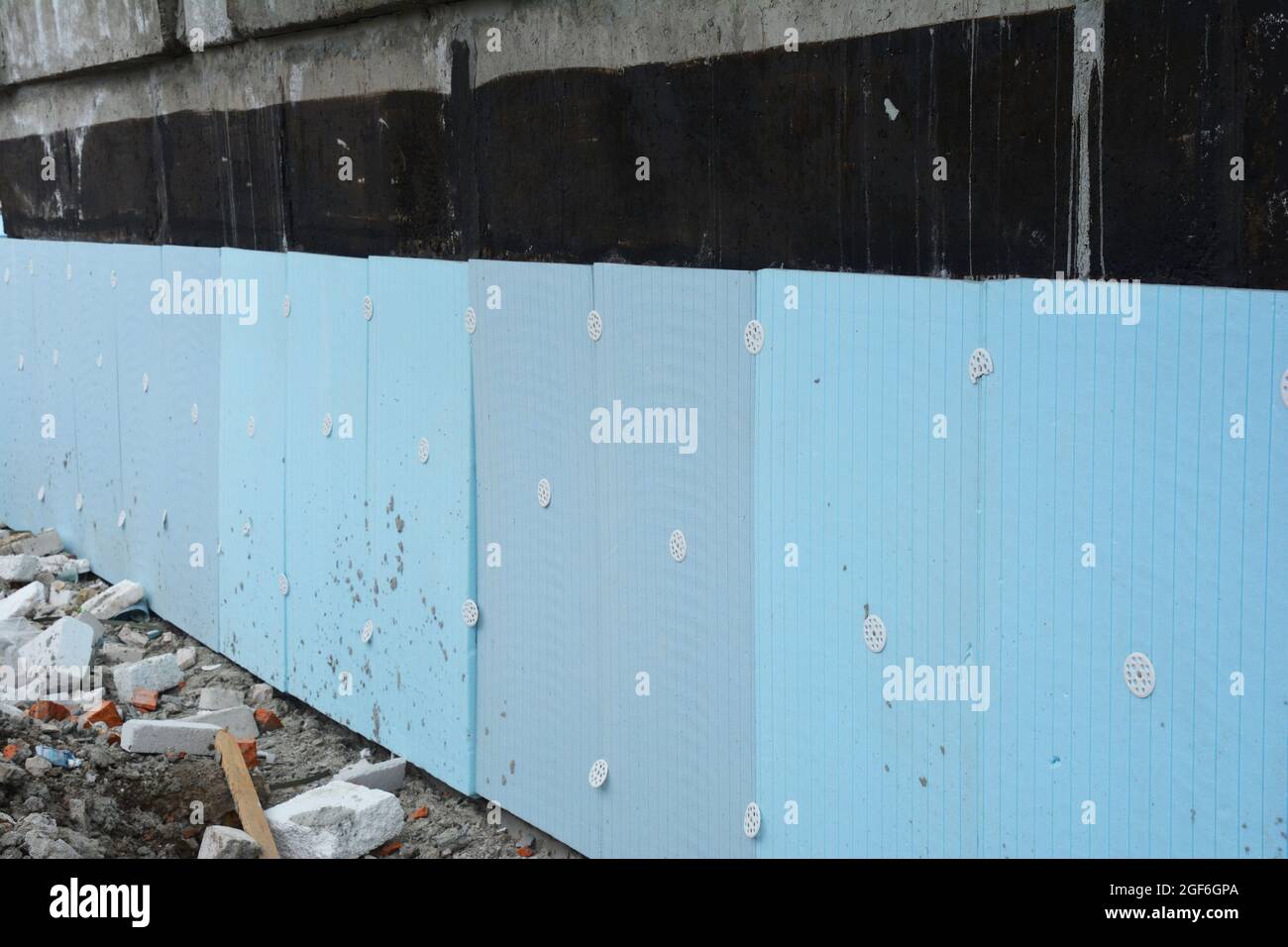 Installation of extruded polystyrene slabs or XPS rigid foam thermal ...