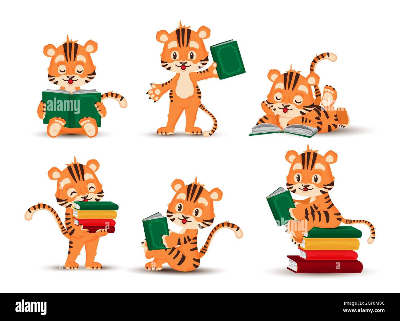A little tiger cub reads a book. Set of isolated figurines of a tiger ...