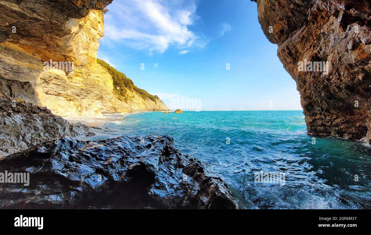Sea view from inside a cave of Punta Corvo Beach (Montemarcello ...