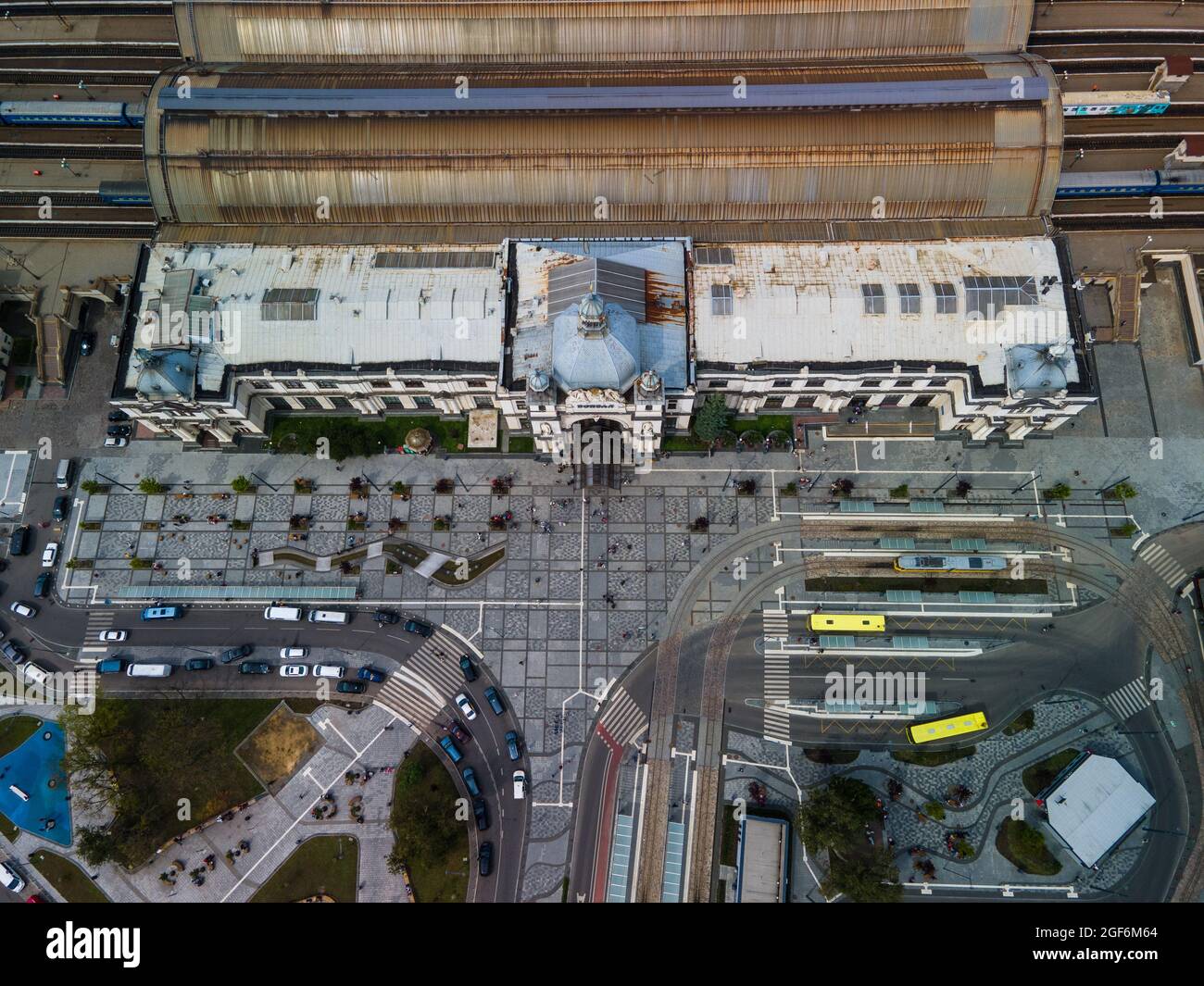 aerial view of city transport hub railway tram bus station. copy space ...