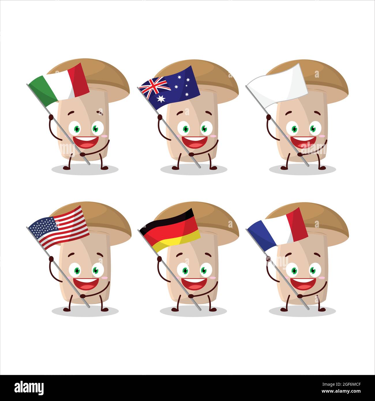 Honey Fungus Cartoon Character Bring The Flags Of Various Countries