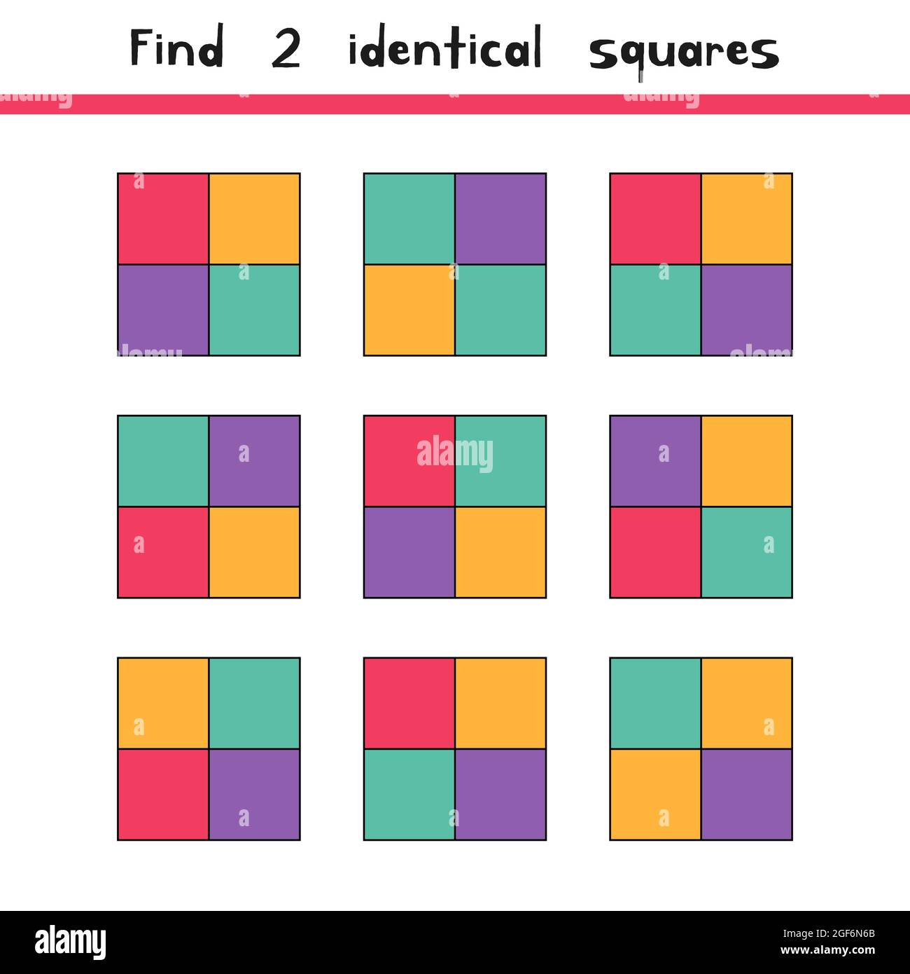 Vector illustration. Find two identical squares. Worksheet for kids ...