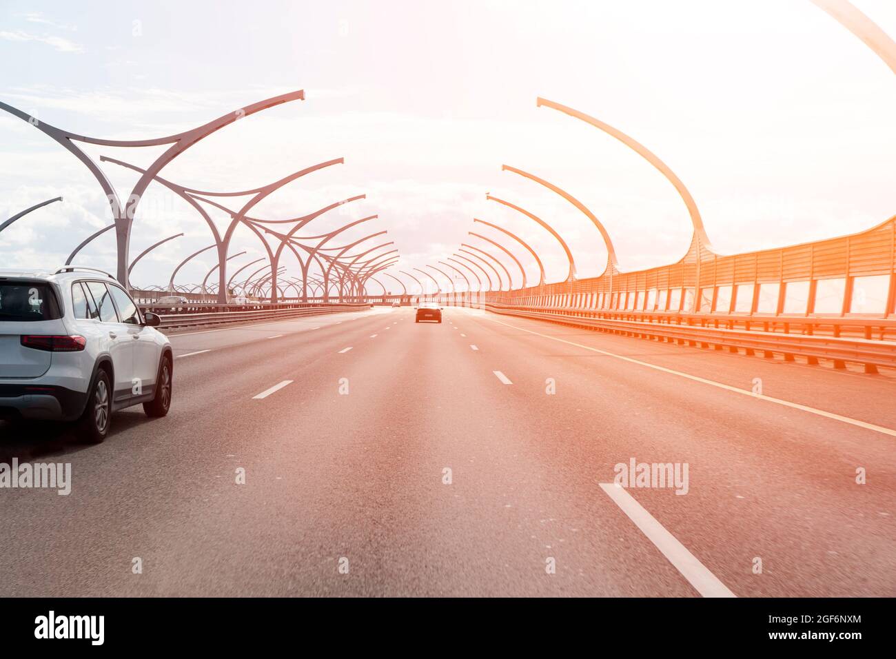 Car driving on highway road. Cars crossing bridge interchange overpass ...