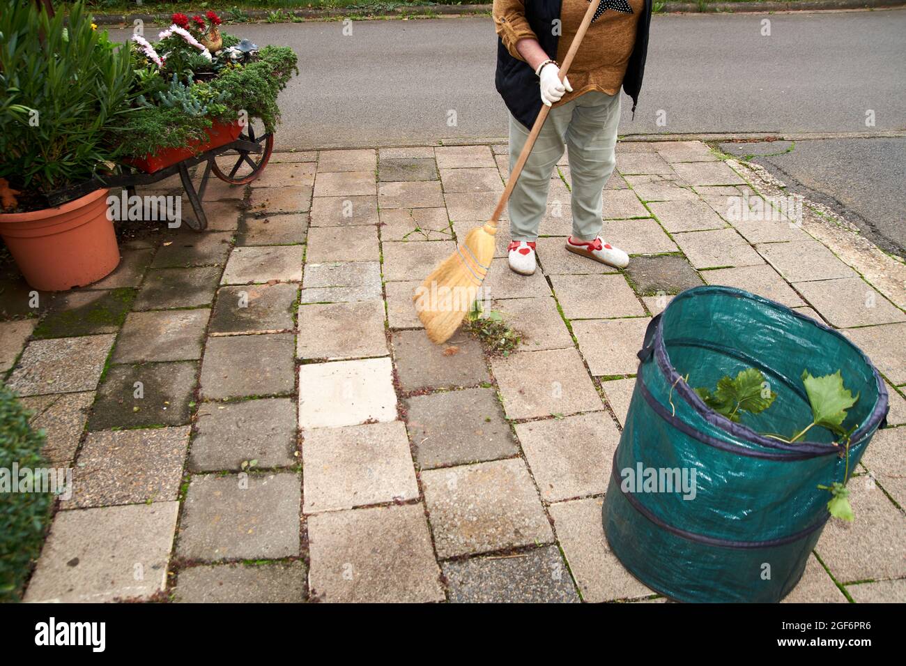 Sweep the leaves, sweep people, clean the garden labor Stock Photo - Alamy