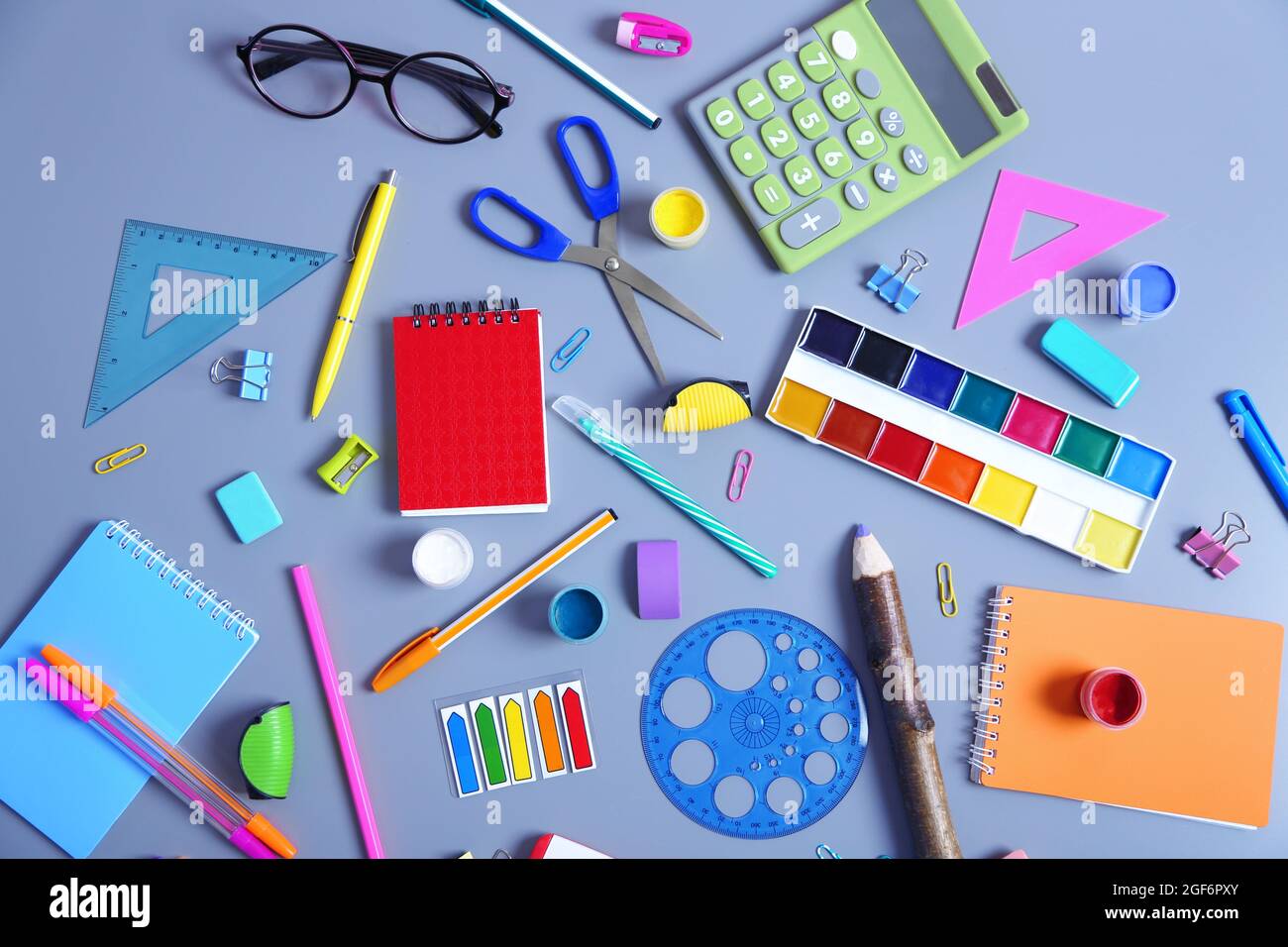 Set of stationery on grey table, top view Stock Photo - Alamy
