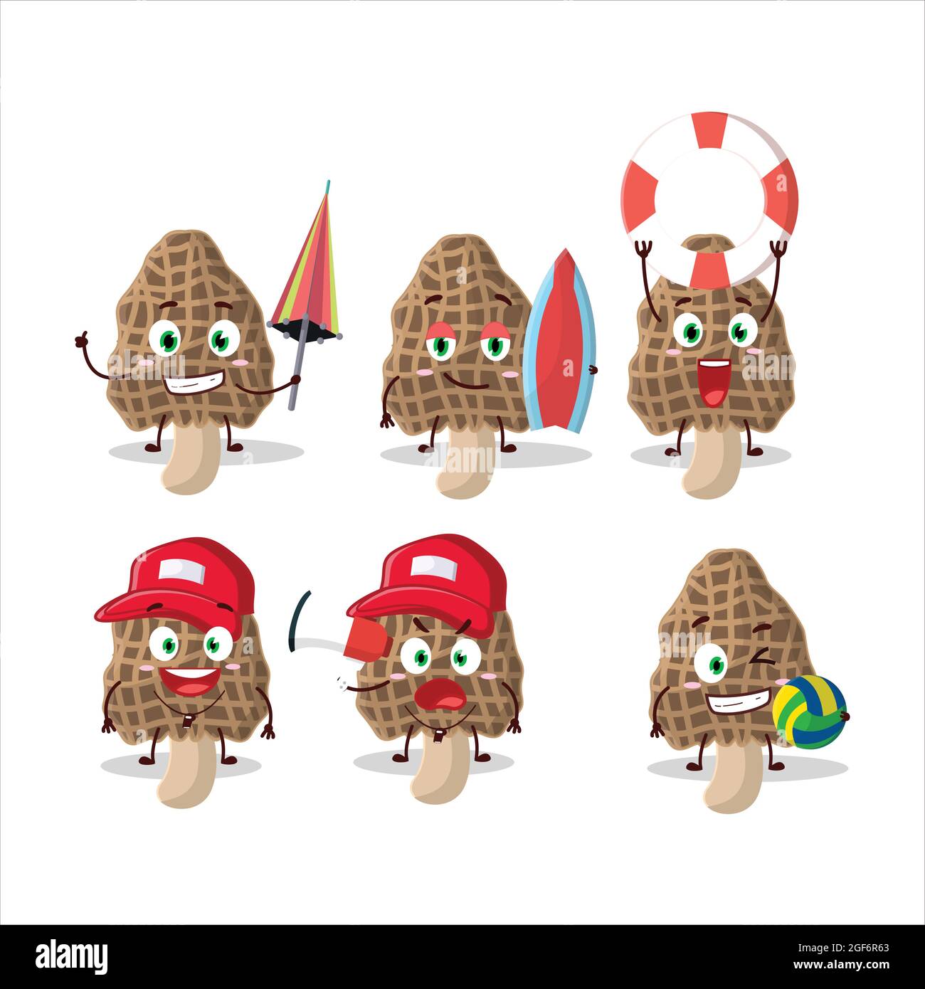 Happy Face morel cartoon character playing on a beach. Vector ...