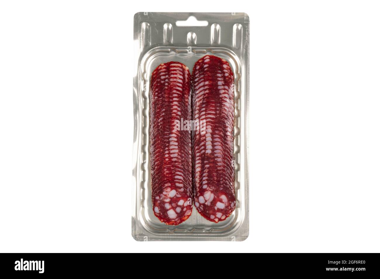 Front view of sliced smoked meat salami in vacuum package isolated on ...