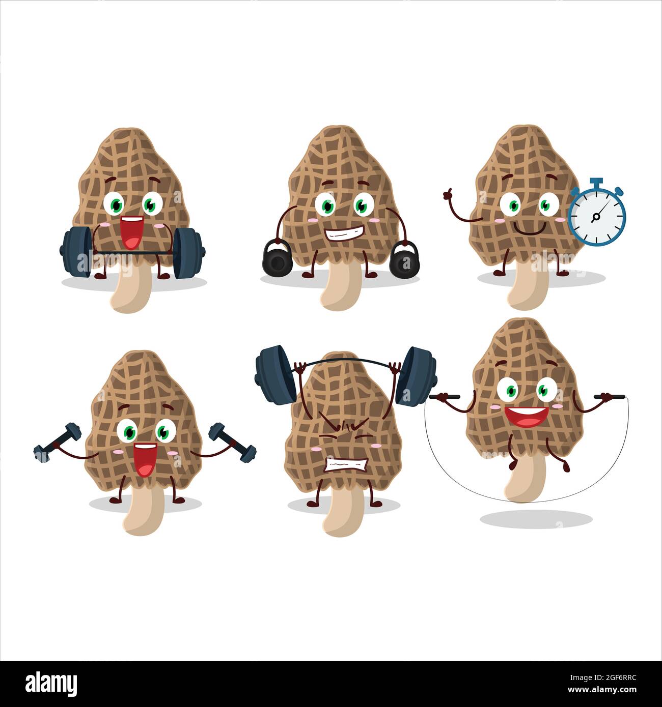 A healthy morel cartoon style trying some tools on Fitness center ...