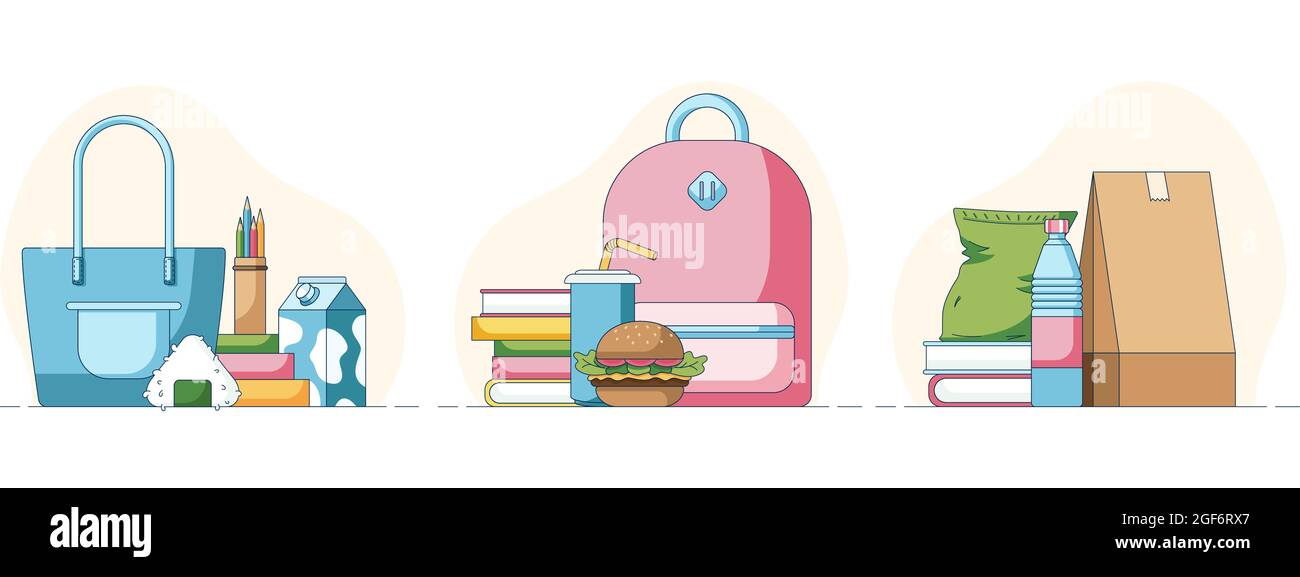 Set of a school lunch fastfood sushi and chips in front of a books and ...