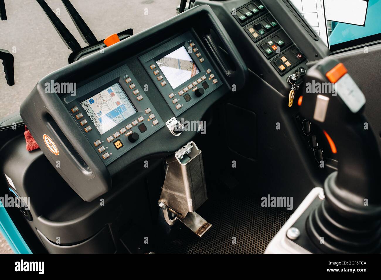 Crane control panel in the driver's cab of a car crane Stock Photo - Alamy