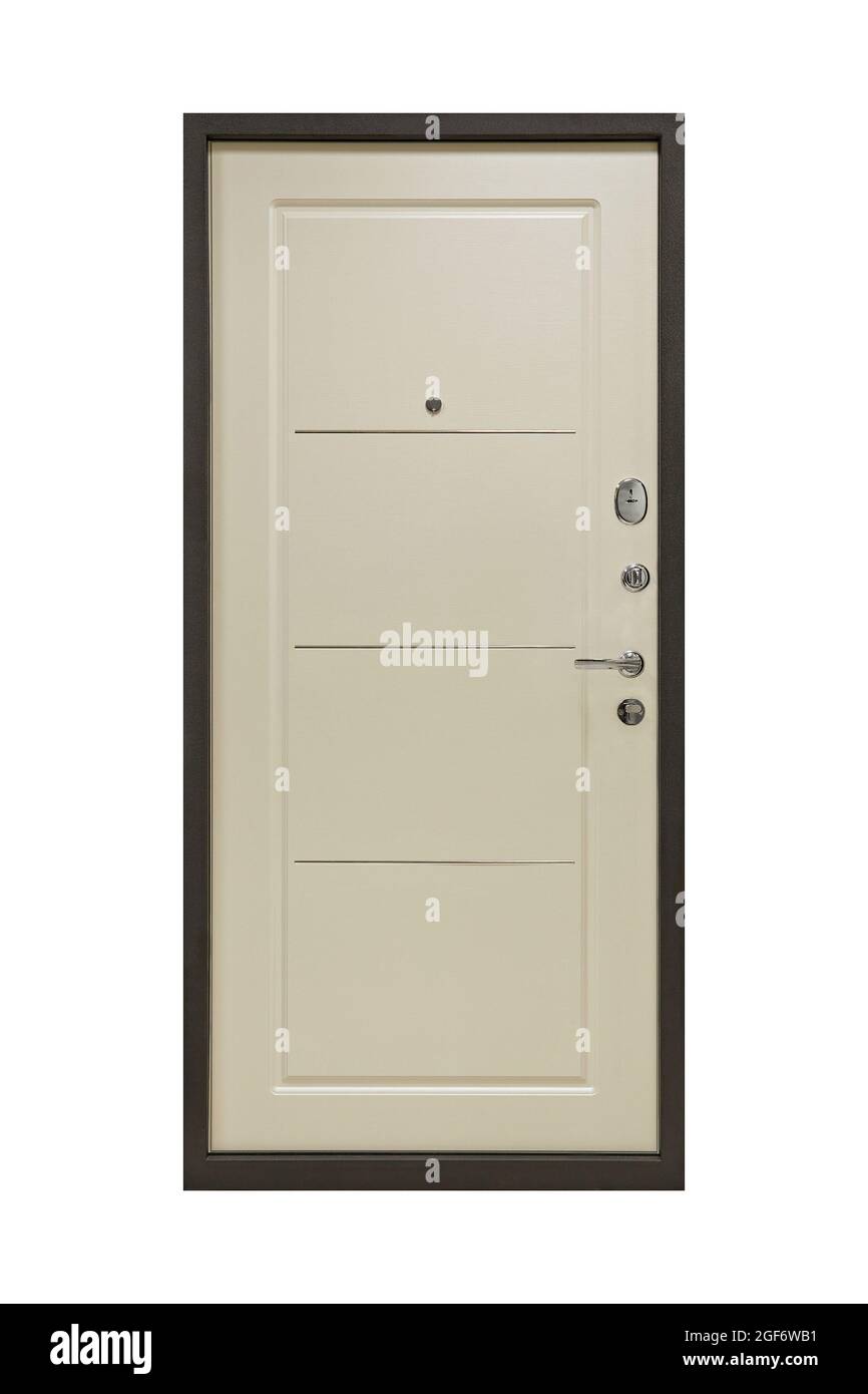 Solid beige metal front door with modern geometric design and metal ...