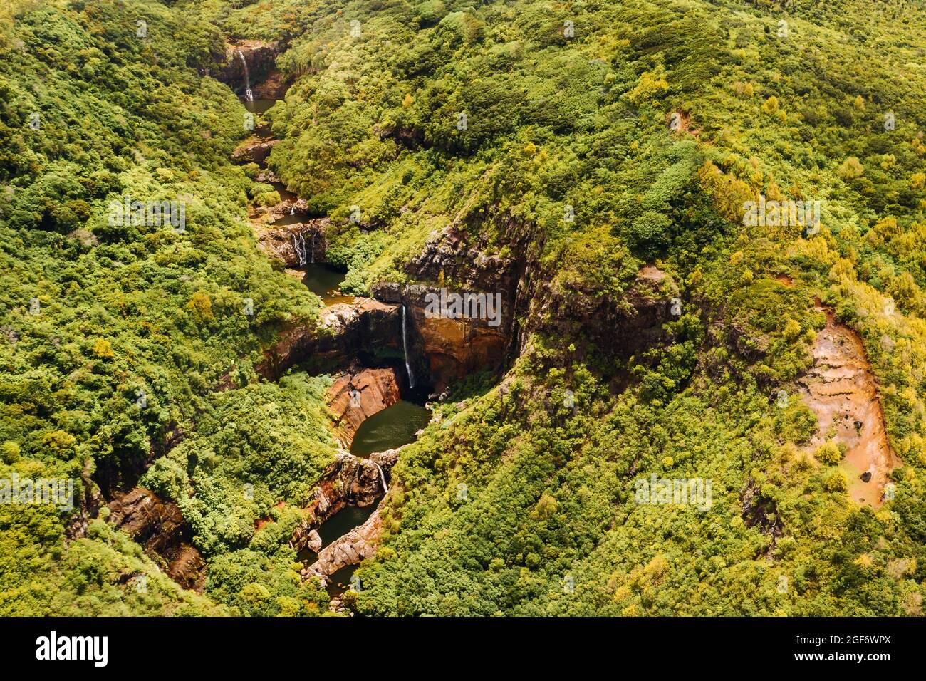 Aerial top view perspective of Tamarin Waterfall Seven Cascades in the ...