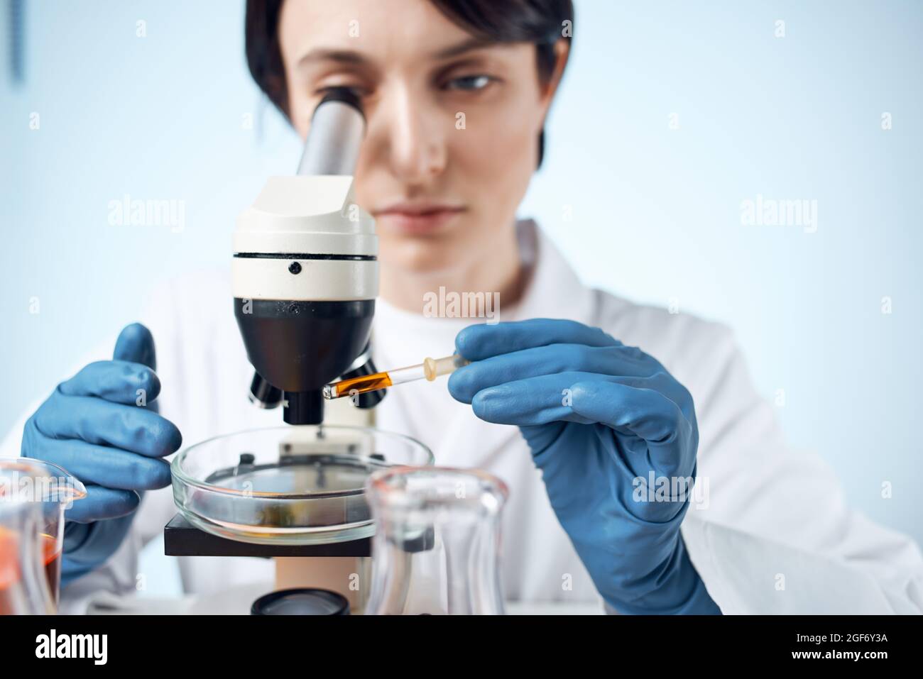 woman scientist microscope research microbiology close-up Stock Photo ...