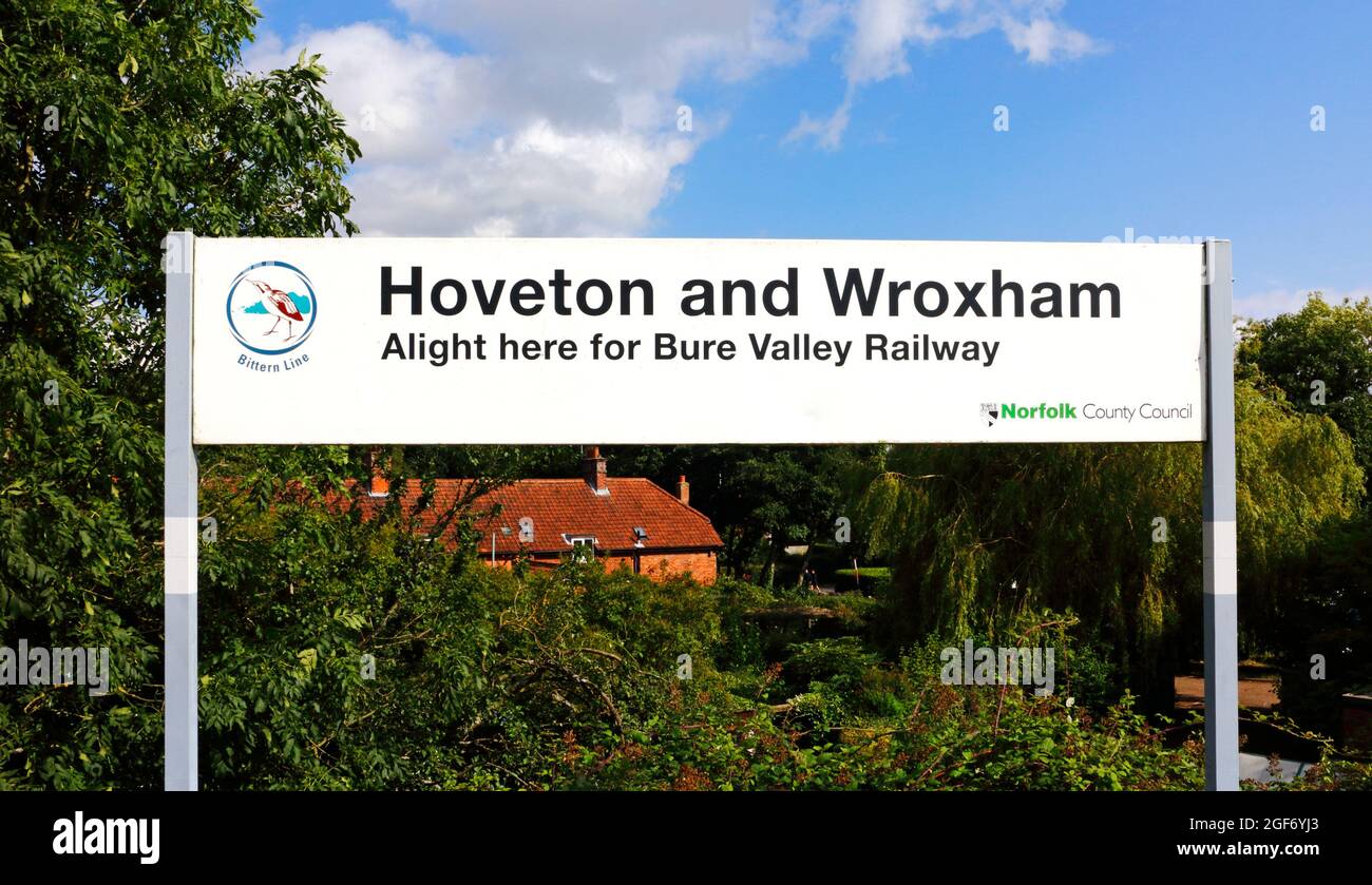The sign and logo for Hoveton and Wroxham Railway Station and access to ...
