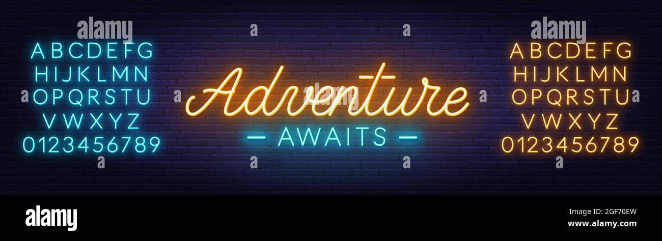 Adventure awaits neon sign on brick wall background. Glowing lettering ...