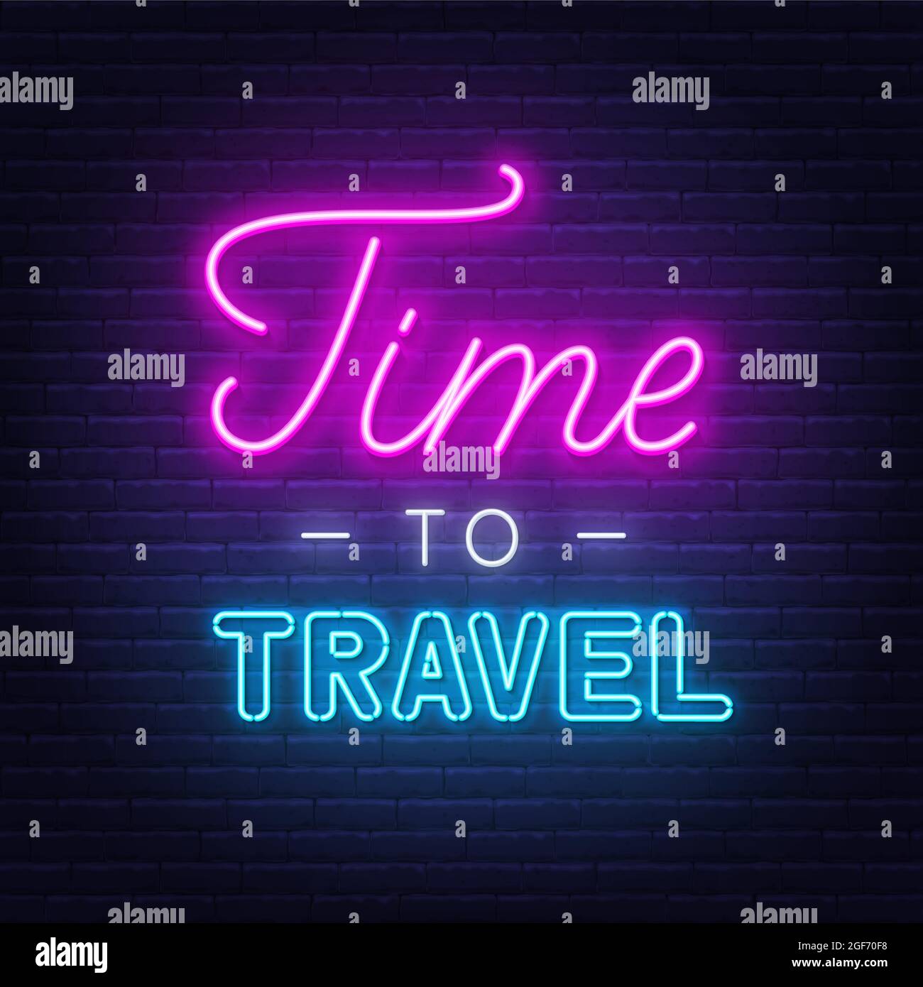 Time to travel neon lettering on brick wall background Stock Vector ...