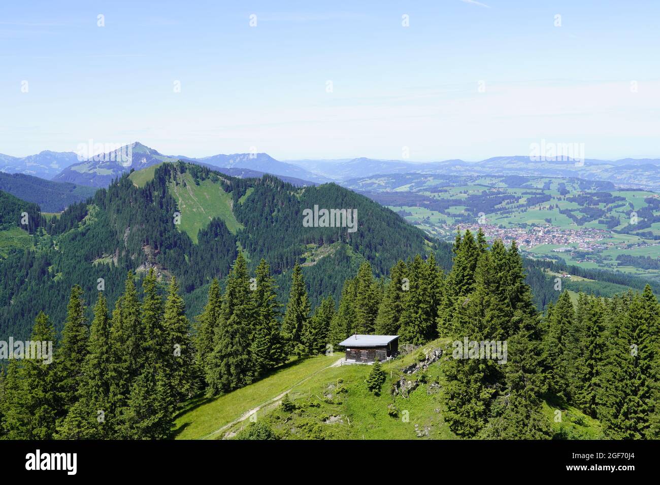 View from the Alpspitz alpine summit in the Allgäu. Bavarian panorama ...