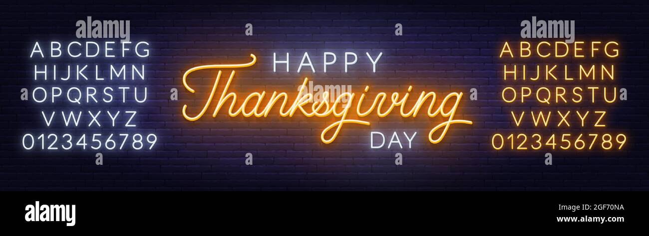 Happy thanksgiving day neon sign. Greeting card on brick wall ...